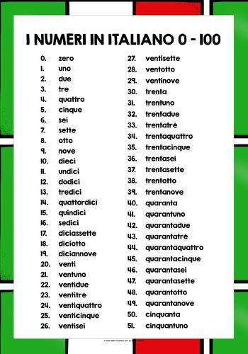 ITALIAN NUMBERS 0-100 LIST FREEBIE #1 | Teaching Resources