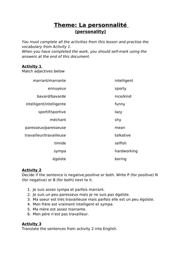 French worksheet on personality | Teaching Resources