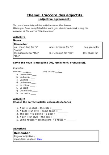 French worksheet genders | Teaching Resources
