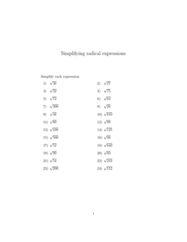 Simplifying radical expressions worksheet (with solutions) | Teaching ...