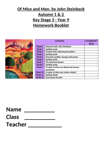 Of Mice and Men Homework Booklet | Teaching Resources