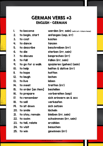 GERMAN VERBS LIST FREEBIE #3 | Teaching Resources
