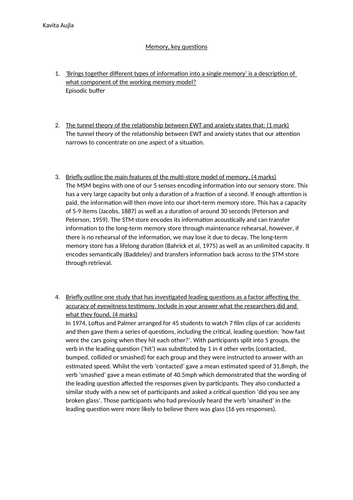 AQA PSYCHOLOGY MEMORY KEY EXAM QUESTIONS W/ ANSWERS | Teaching Resources
