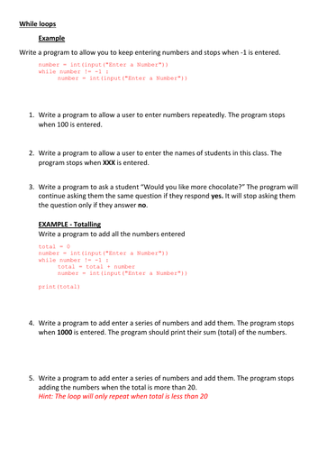 Python programming Loops part 3 - worksheet & solutions | Teaching ... Python programming Loops part 3 - worksheet & solutions | Teaching ...