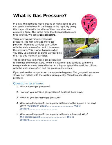 Reading exercise - Gas pressure | Teaching Resources