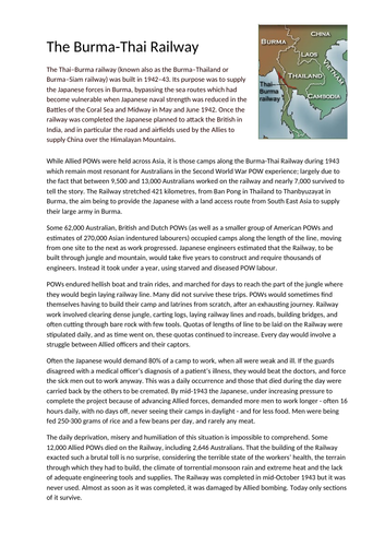 Thai-Burma Railway POW worksheet lesson | Teaching Resources