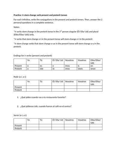 Ir stem change present and preterit practice | Teaching Resources