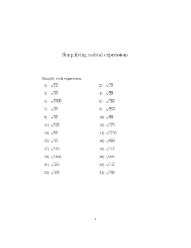 Simplifying radical expressions worksheet no 2 (with solutions ...