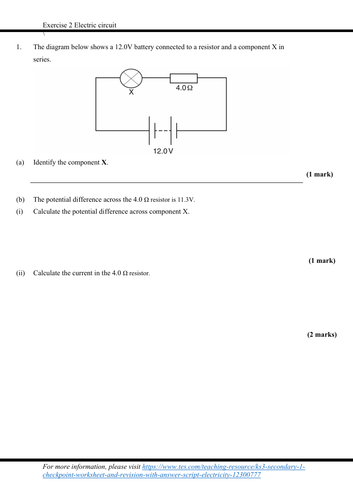 KS3_Secondary 1 checkpoint_worksheet and revision : Electricity ...