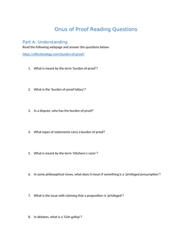 Burden of Proof Reading Questions Worksheet | Teaching Resources