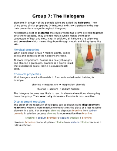 Reading exercise - The Halogens (Group 7 Elements) | Teaching Resources