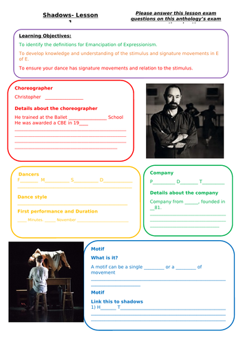 GCSE Dance Anthology worksheets- easier | Teaching Resources