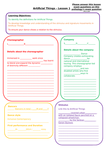 GCSE Dance Anthology worksheets- easier | Teaching Resources