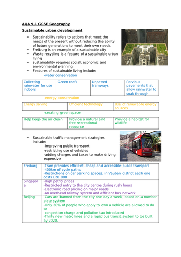 AQA sustainable urban knowledge organiser | Teaching Resources