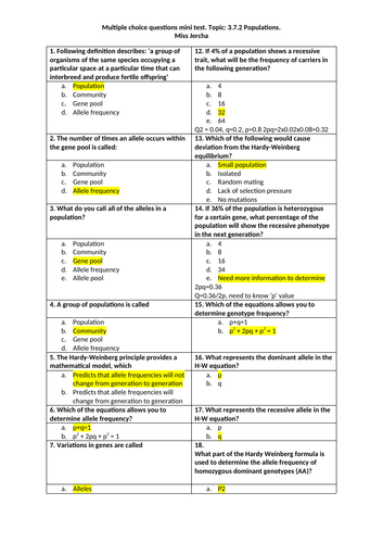 AQA A level Biology Section 7: Inheritance Population Evolution MCQ ...