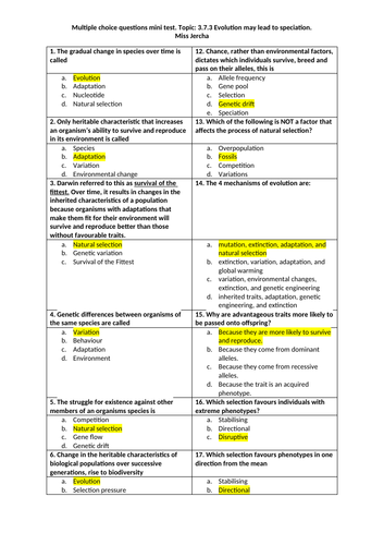 AQA A level Biology Section 7: Inheritance Population Evolution MCQ ...