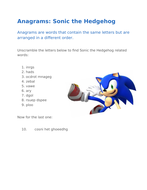 Sonic the Hedgehog Anagrams: Unscramble the Letters | Teaching Resources