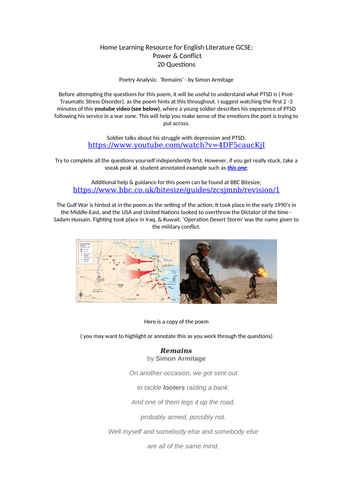 home learning GCSE English poetry analysis | Teaching Resources