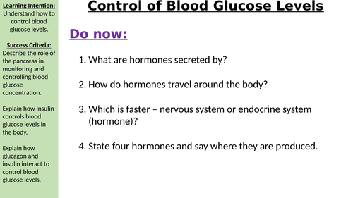 Control of Blood Glucose Levels AQA B11.2 | Teaching Resources