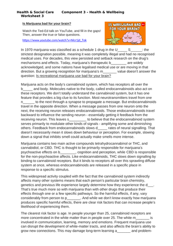 BTEC Health & Social Care Level 1/2 Component 3 MARIJUANA Worksheet ...