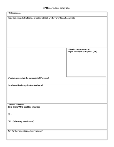 IB DP History lesson entry slip (link to DP TOK/CAS/EE) | Teaching ...