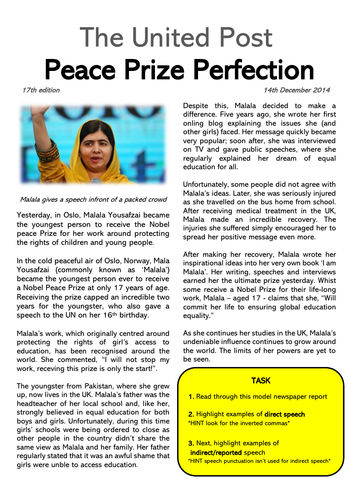 Newspaper Model Text and Speech activity - Malala | Teaching Resources