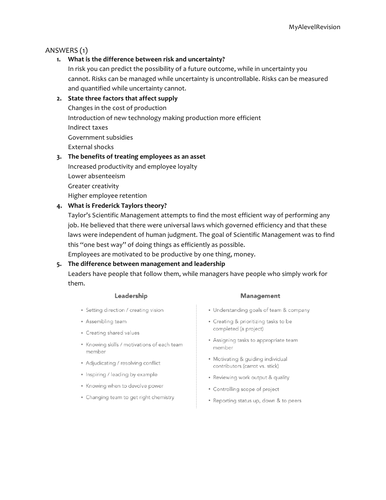 A level Business Revision Questions; Theme 1 | Teaching Resources