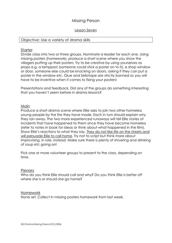 KS3 MISSING PERSON DRAMA SCHEME - EIGHT STRUCTURED LESSONS WITH ...