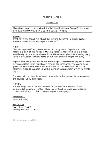 KS3 MISSING PERSON DRAMA SCHEME - EIGHT STRUCTURED LESSONS WITH ...