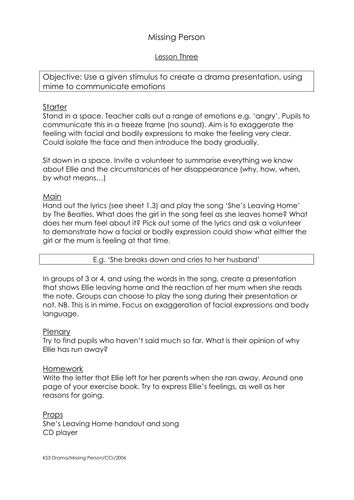 KS3 MISSING PERSON DRAMA SCHEME - EIGHT STRUCTURED LESSONS WITH ...