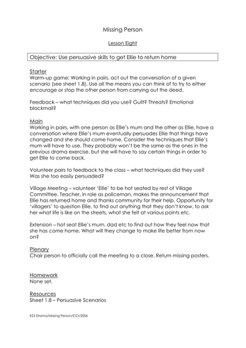 KS3 MISSING PERSON DRAMA SCHEME - EIGHT STRUCTURED LESSONS WITH ...