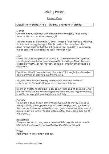 KS3 MISSING PERSON DRAMA SCHEME - EIGHT STRUCTURED LESSONS WITH ...