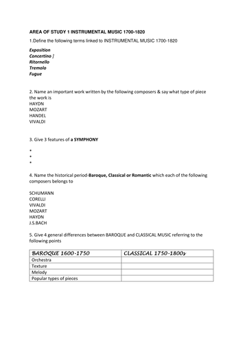 EDEXCEL GCSE MUSIC Setwork AOS 1 Instrumental Music worksheet and ...