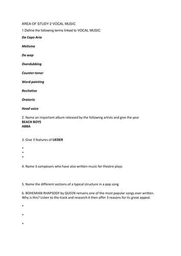 Edexcel GCSE Music AOS 2 Vocal music worksheet and answers | Teaching Resources