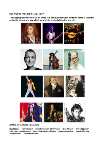 EDEXCEL GCSE MUSIC Setworks- Name the faces worksheet and answers ...