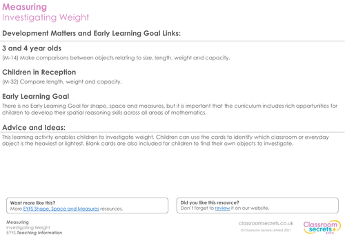 EYFS Maths Investigating Weight Learning Activity | Teaching Resources