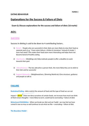 Success & Failure of Diets Notes - Psychology A-Level - AQA Paper 3 ...