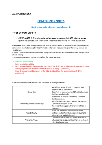 A* Conformity Notes - A-Level Psychology - AQA Paper 1 - Part of the ...