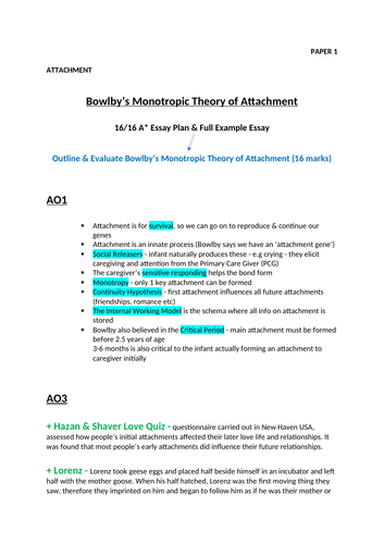 Bowlby’s Monotropic Theory of Attachment Notes & Full Essay- A Level ...