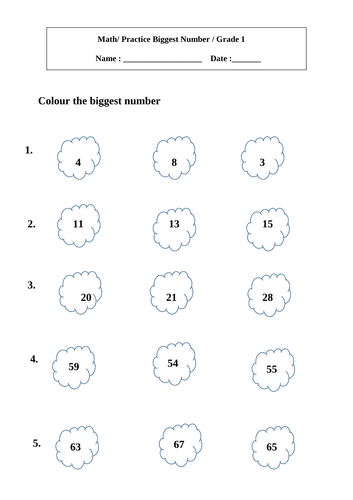 Math Worksheet - Biggest Number - Grade 1 | Teaching Resources