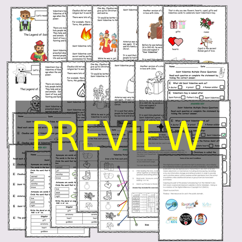 St Valentine Reading Passage and Multiple Choice Questions | Teaching ...
