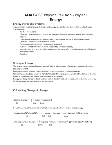 Energy notes - AQA GCSE Physics | Teaching Resources