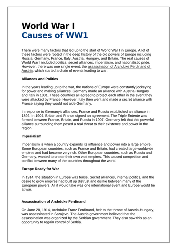 Causes of World War One | Teaching Resources