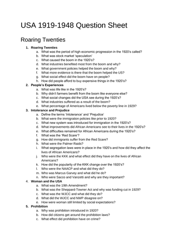 USA 1919-45 - REVISION QUESTIONS | Teaching Resources