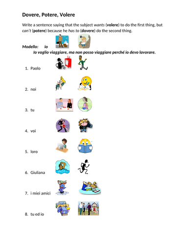 Dovere Potere Volere Italian Verbs Worksheet | Teaching Resources