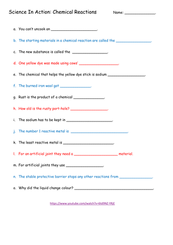 Science in Action Chemical Reactions Video Questions | Teaching Resources