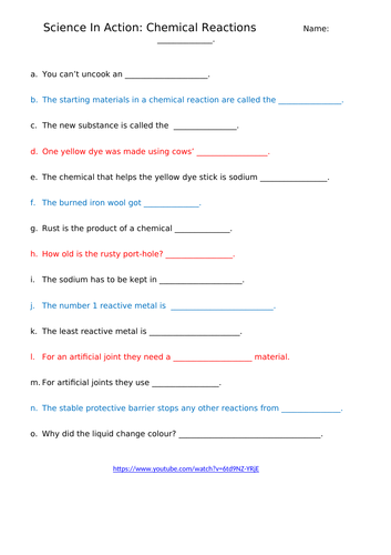 Science in Action Chemical Reactions Video Questions | Teaching Resources