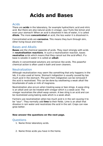 Reading exercise - Acids and Bases | Teaching Resources