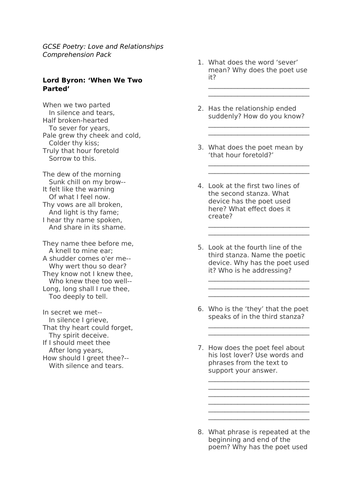 GCSE Poetry: Love and Relationships Comprehension Pack (1) | Teaching ...