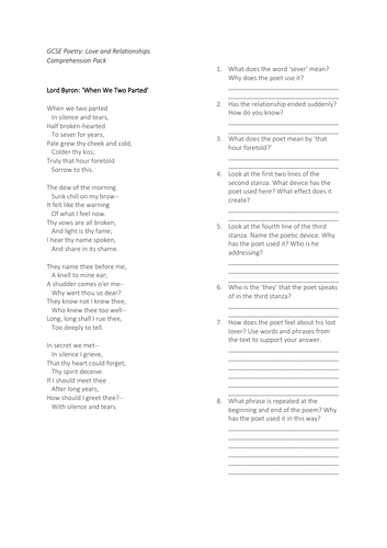 GCSE Poetry: Love and Relationships Comprehension Pack (1) | Teaching ...